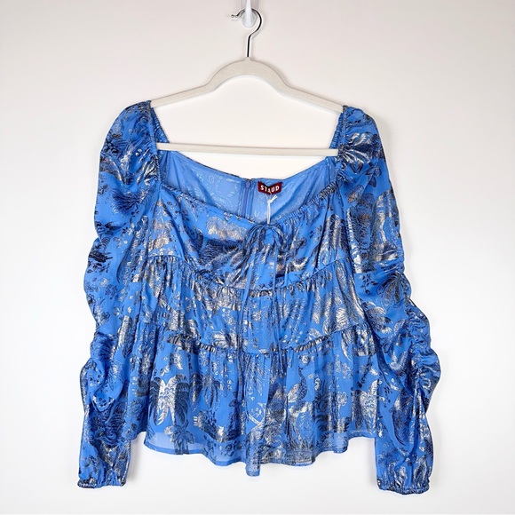 STAUD | Tops | Staud Tiered Tropical Print Ruched Long Sleeve Blouse In ...